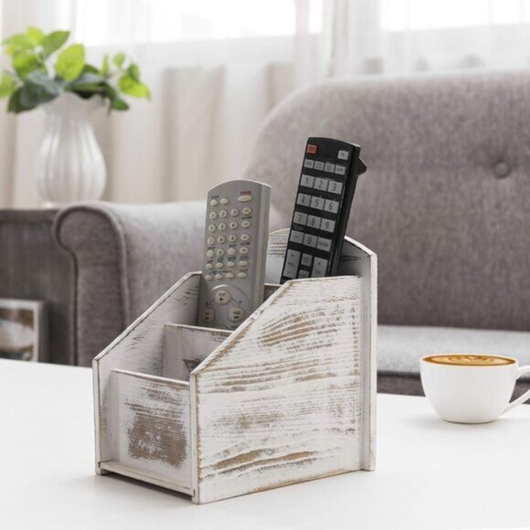Accents | New Whitewashed Wood Remote Control Holder Caddy With ...